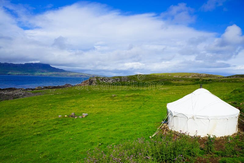 Eye-level Shot of a Yurt in a Field Near a Lake Stock Image - Image of ...