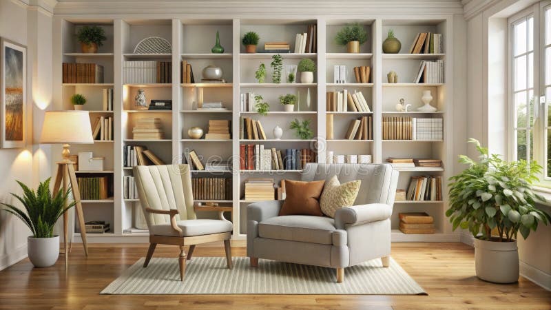 Eye-Level View Bookcase, Armchair, Plants, Cozy Library Stock ...