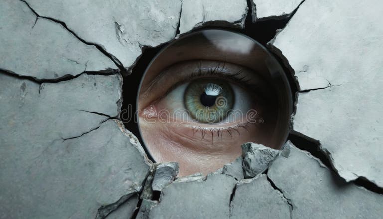 Eye Looks through Cracked Wall Using Magnifying Glass. Distorted ...