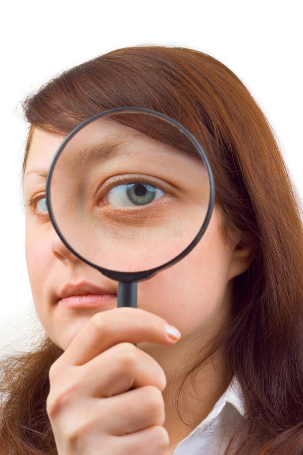 Surprised Woman Looking through the Magnifying Glass Downwards Stock ...