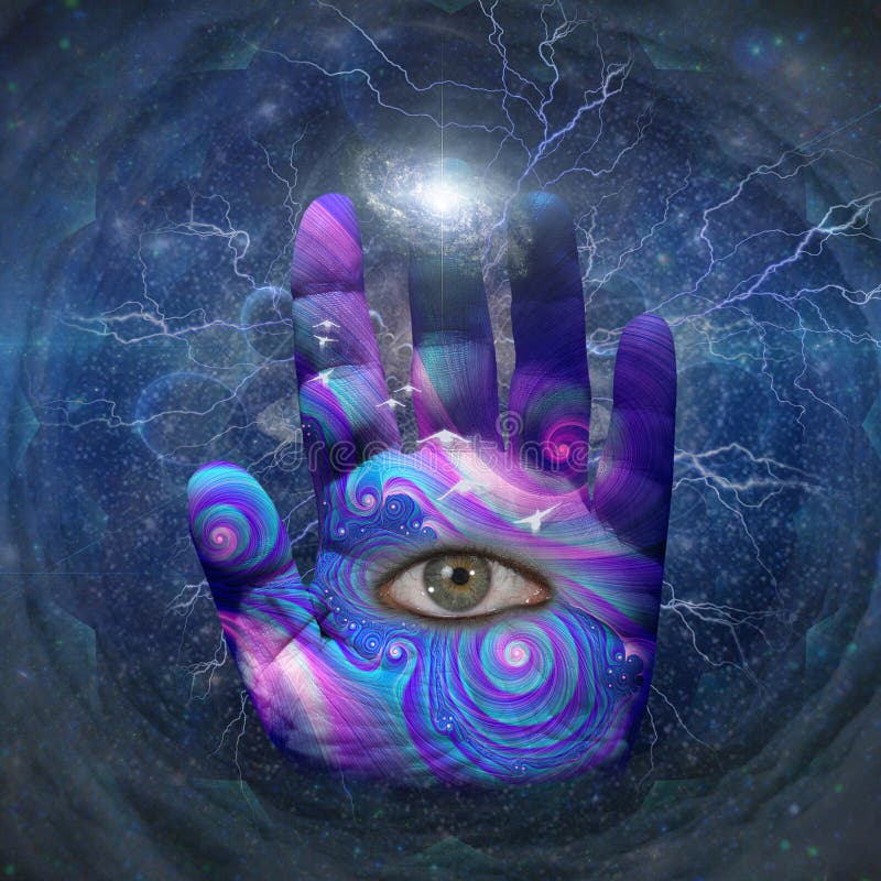 Eye on palm hand stock illustration. Illustration of flower - 242312659