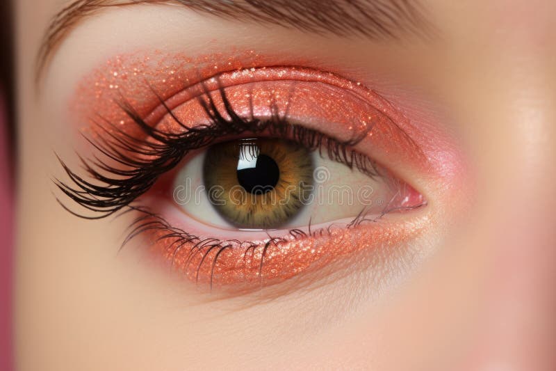 Eye with Peach Makeup and Pink Eyeshadow Stock Image - Image of blend ...