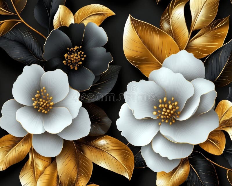 Eye-popping Floral Pattern in Striking Black, White, and Gold Tones ...