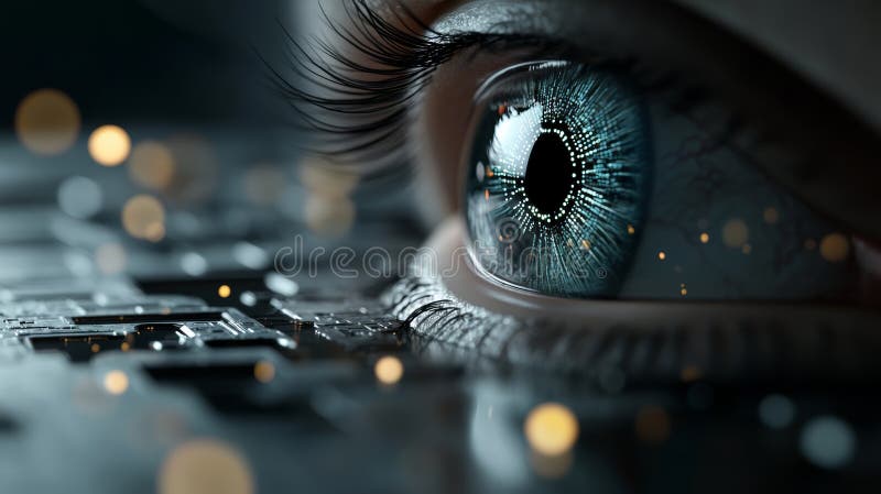 Eye Reflecting a Digital World with Colorful Light Patterns in a Close ...