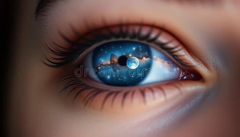 Eye Reflecting a Starry Sky and Moon, Symbolizing Cosmic Vision and ...