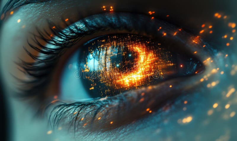 Eye Reflection Showing Sparks and Lights in a Digital Art Style Stock ...
