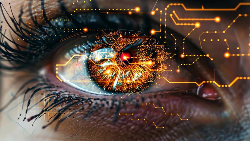 A Close-Up of a Human Eye with Digital Elements and Fiery Effects ...