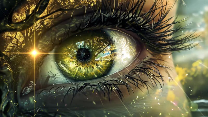 A Close-Up View of a Human Eye with a Forest Reflected in the Iris ...