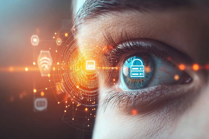 Eye Scans Digital Interface with Security and Password Protection Icons ...