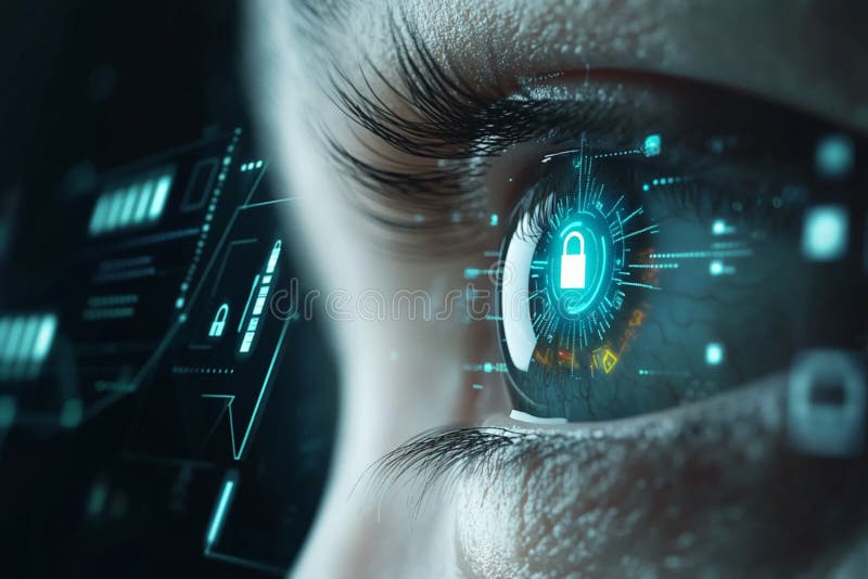 Eye Scans Digital Interface with Security and Password Protection Icons ...