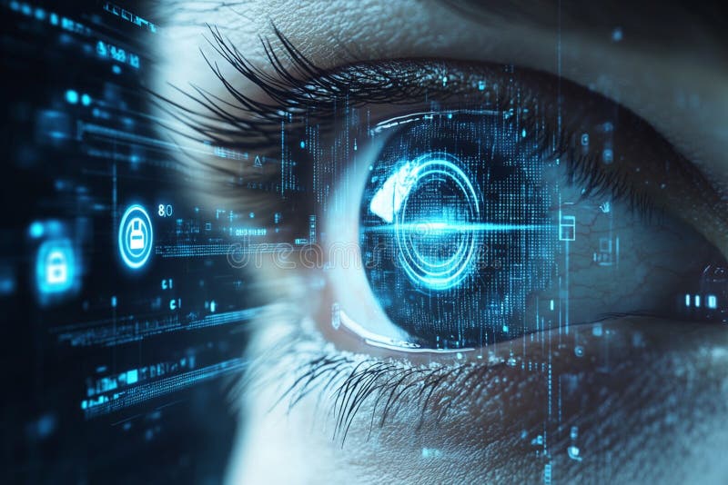 Eye Scans Digital Interface with Security and Password Protection Icons ...