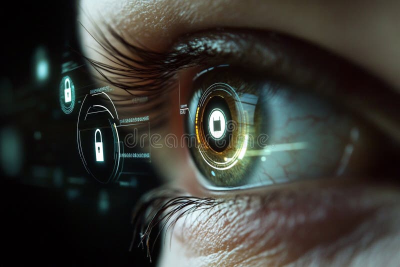 Eye Scans Digital Interface with Security and Password Protection Icons ...