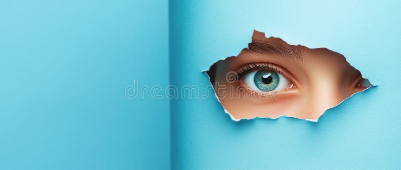 An Eye is Seen Peering through Blue Torn Paper in this Artistic Close ...