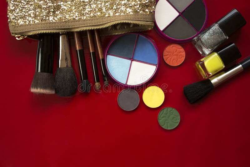 Eye Shadow, Makeup Brushes on Red Stock Image - Image of golden ...
