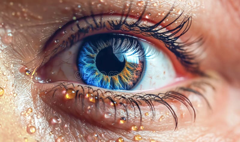 Eye Shot in Close-up, with Small Droplets Scattered on the Face. Ai ...