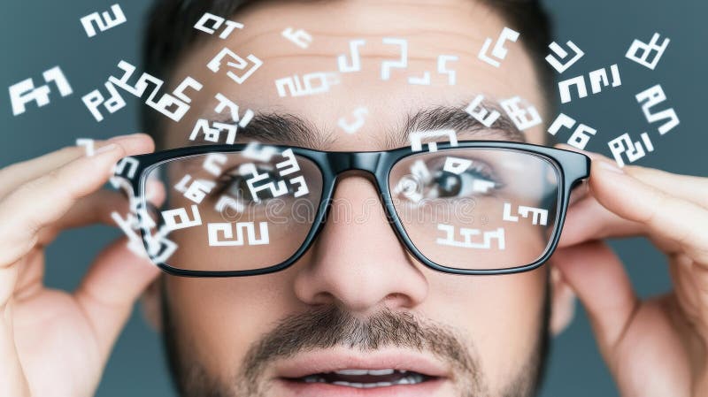 Eye Stands Out, Framed by Glasses, As 3D Letters Float Around, Blending ...