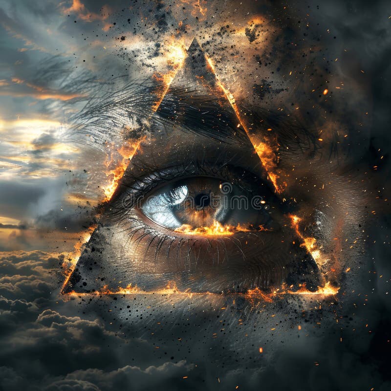 Mysterious Eye Illuminated by Flames within a Triangular Frame at Dusk ...