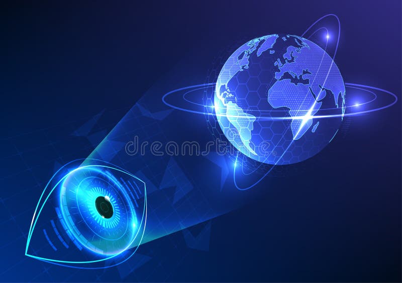Eye Technology Looks at a Globe with a Ring Around it. Global Internet ...