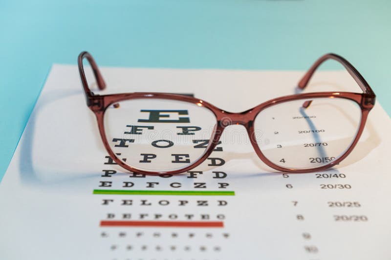 Eye Test Chart and Glasses on Blue Background Stock Photo - Image of ...