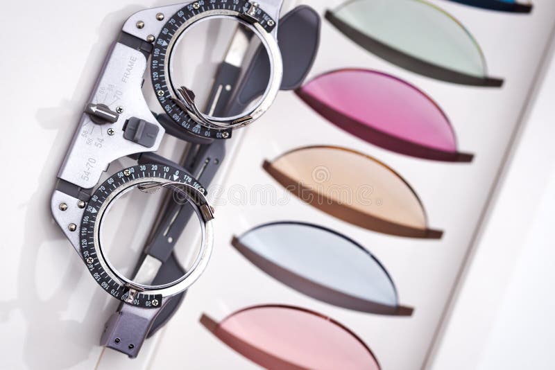 Eye Test Frame for Optician with Many Different Colored Trial Lenses ...