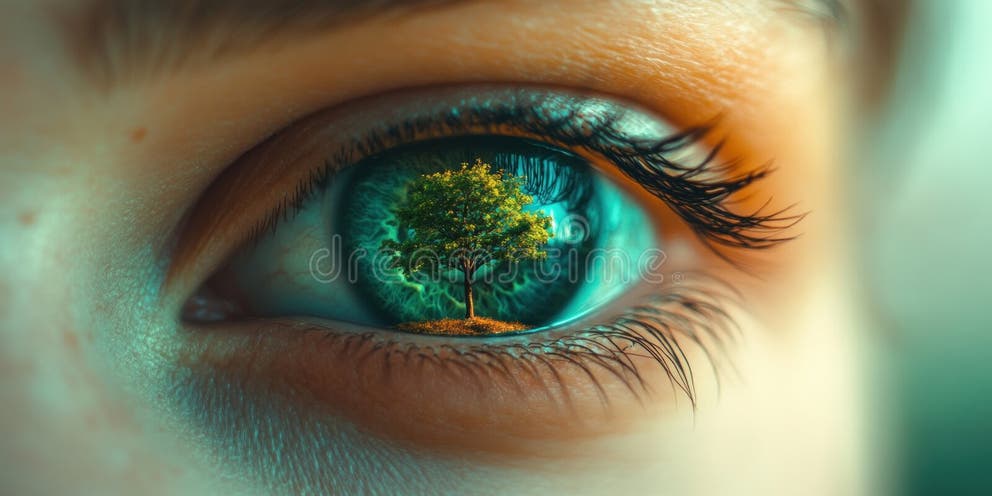 An Eye with a Tree Reflected in the Pupil in an Abstract Style. Stock ...