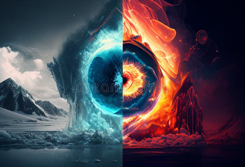 An Eye from Two Worlds - Fire and Water. Genarated AI Stock Image ...