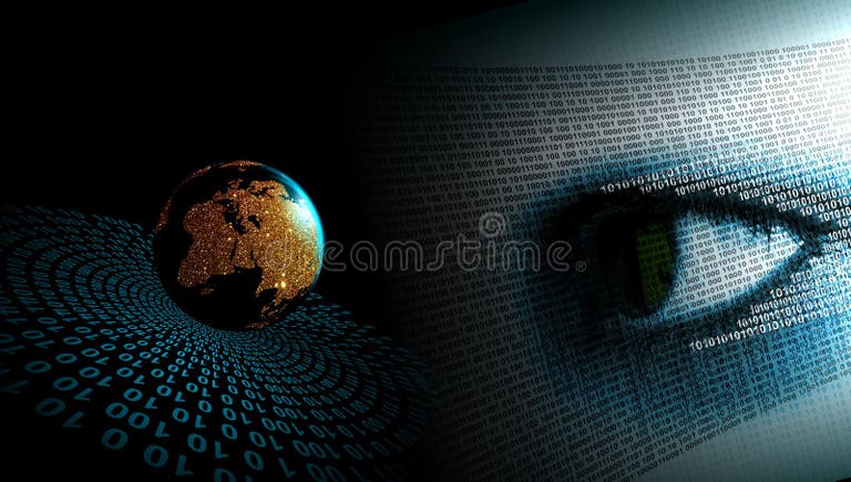 Eye Viewing Digital Information Represented by Globe, Ones and Zeros ...