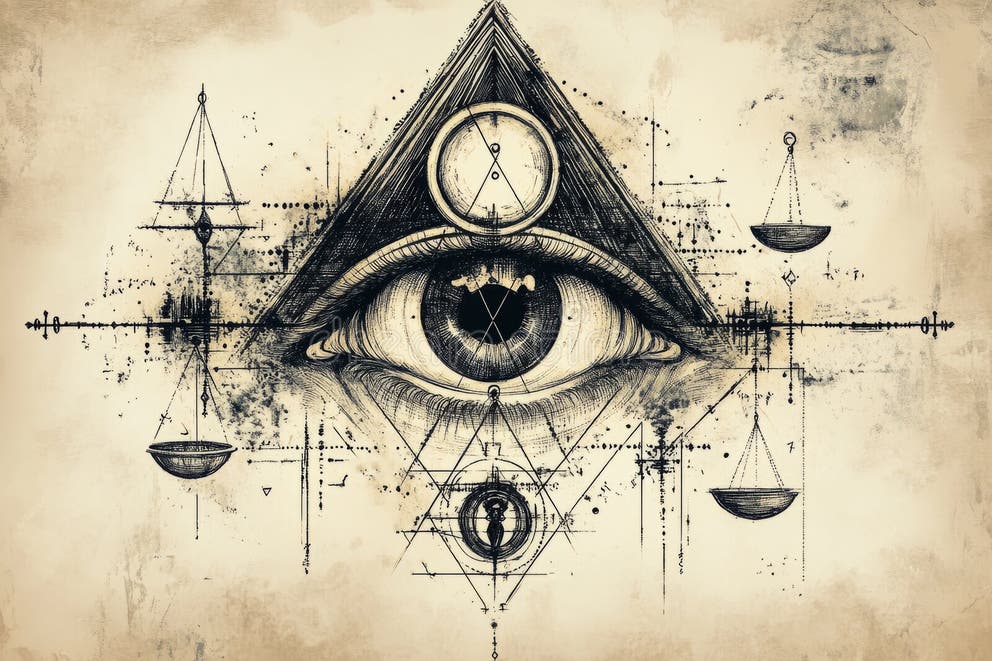 Eye Watching Over Scales of Justice, Symbolizing Judgment, Balance, and ...
