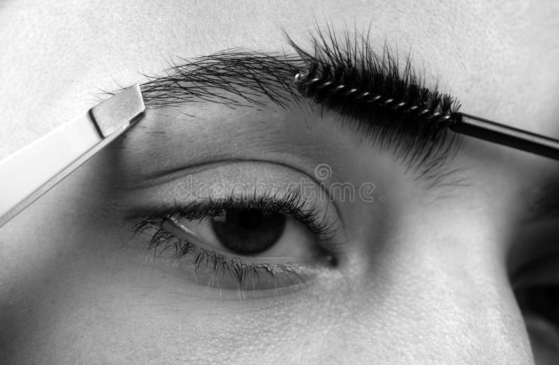 Eyebrow Makeup. Macro Close Up of Brows. Woman Brushing Brows with ...