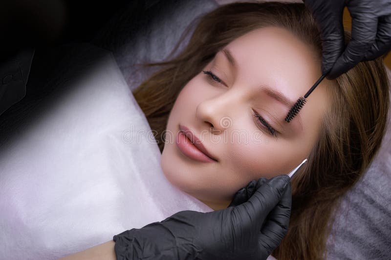 PMU Procedure, Permanent Eyebrow Makeup. Stock Photo - Image of gloves ...