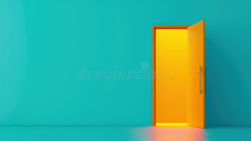 Eyecatching 3D Render with Yellow Light through Open Door on Blue ...