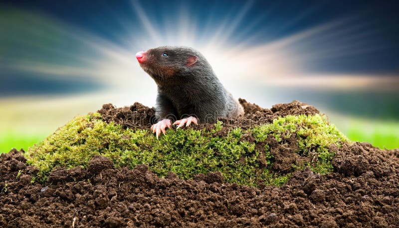 Eyecatching Mole Perched on Top of a Mole Hill, Dappled Sunlight Bathes ...