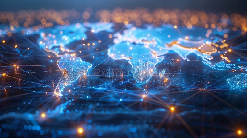 Innovative Futuristic Digital World Map Featuring Vibrant Blue Network ...