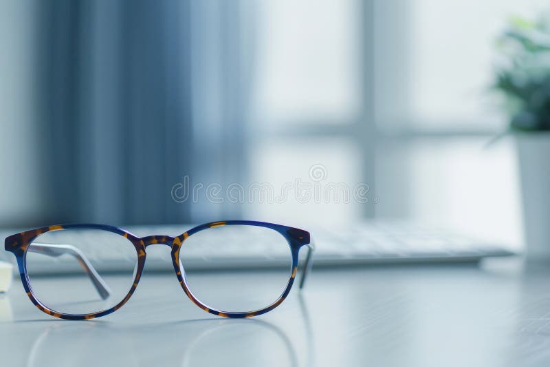 Eyeglasses with Blue and Brown Frames are Resting on a White Desk. the ...