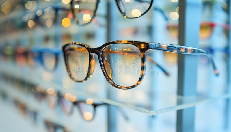Eyeglasses Frames Sitting on Glass Shelves in Retail Store Display ...
