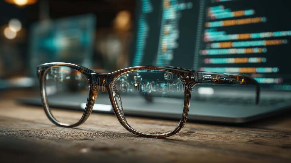 Eyeglasses on Laptop with Code on Screen Stock Photo - Image of typing ...