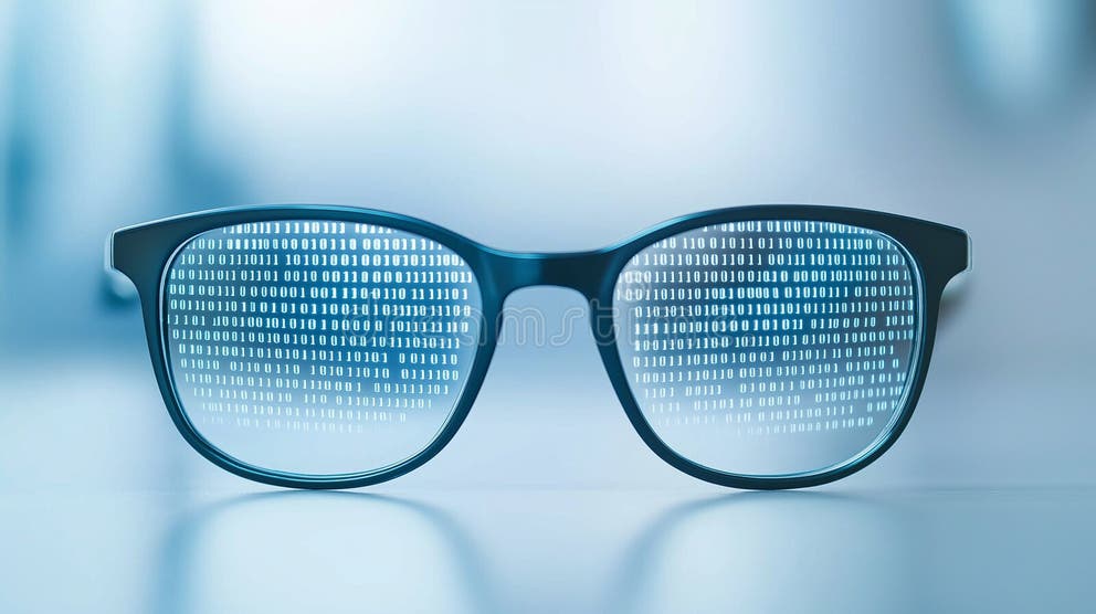 Eyeglasses Reflecting Binary Code in a Futuristic Office Setting ...