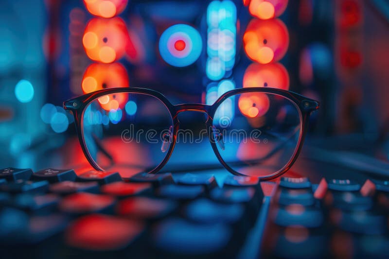 Eyeglasses Rest on a Computer Keyboard, with Red and Blue Lights ...