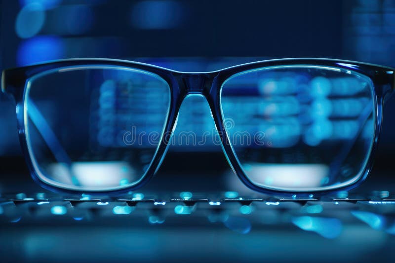 Eyeglasses Rest on a Computer Keyboard, Reflecting the Blue Glow of the ...