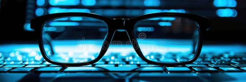 Eyeglasses Rest on a Laptop Keyboard, with a Blue Glow Emanating from ...