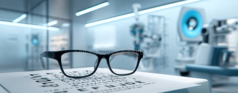 The Eyeglasses Resting on an Eye Chart in a Modern Optometry Clinic. AI ...