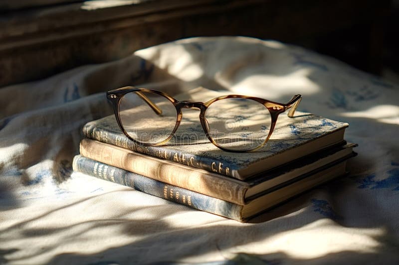 Eyeglasses Resting on Stack of Old Books in Warm Sunlight Stock Image ...