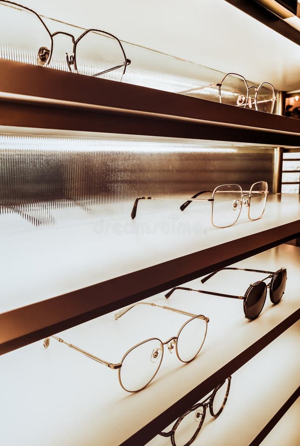 Eyeglasses Selection Displayed on Optical Store Shelves Stock Image ...