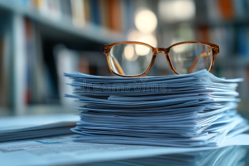 Eyeglasses Sit Atop a Tall Stack of Papers, Possibly Reports or ...