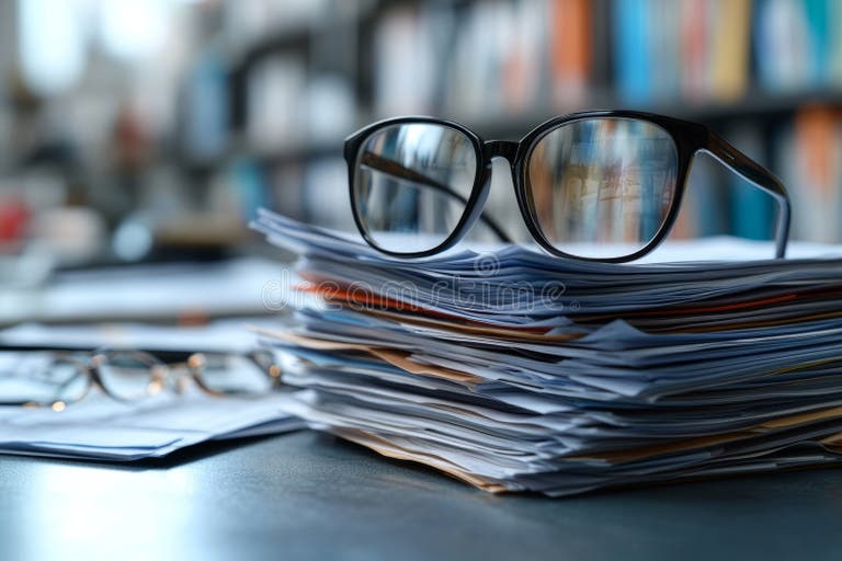 Eyeglasses Sit Atop a Tall Stack of Paperwork, Symbolizing the Heavy ...