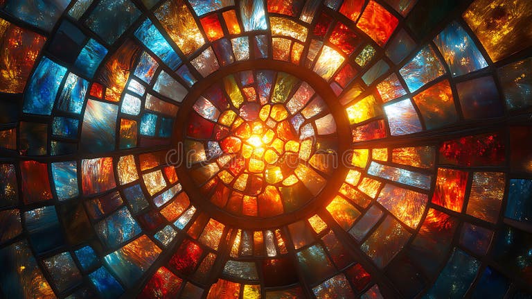 Colorful Stained Glass Window with Radial Pattern and Glowing Center ...
