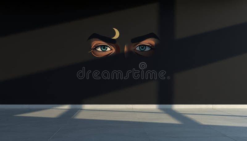 Eyes with a Crescent Moon on Dark Wall, Casting Dramatic Shadows Across ...