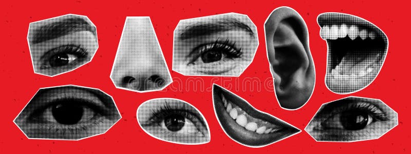 Eyes, Lips and Ear with Halftone Effect. Y2K Collage Design. Modern ...