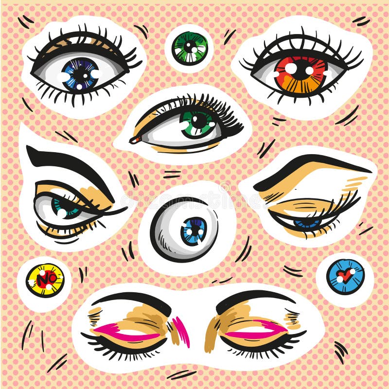 Eyes Stickers, Fashion Badges, Hand Drawn Pop Art Elements Stock Vector ...