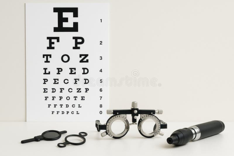 Eye Examination Tools with Vision Chart and Diagnostic Equipment on a ...